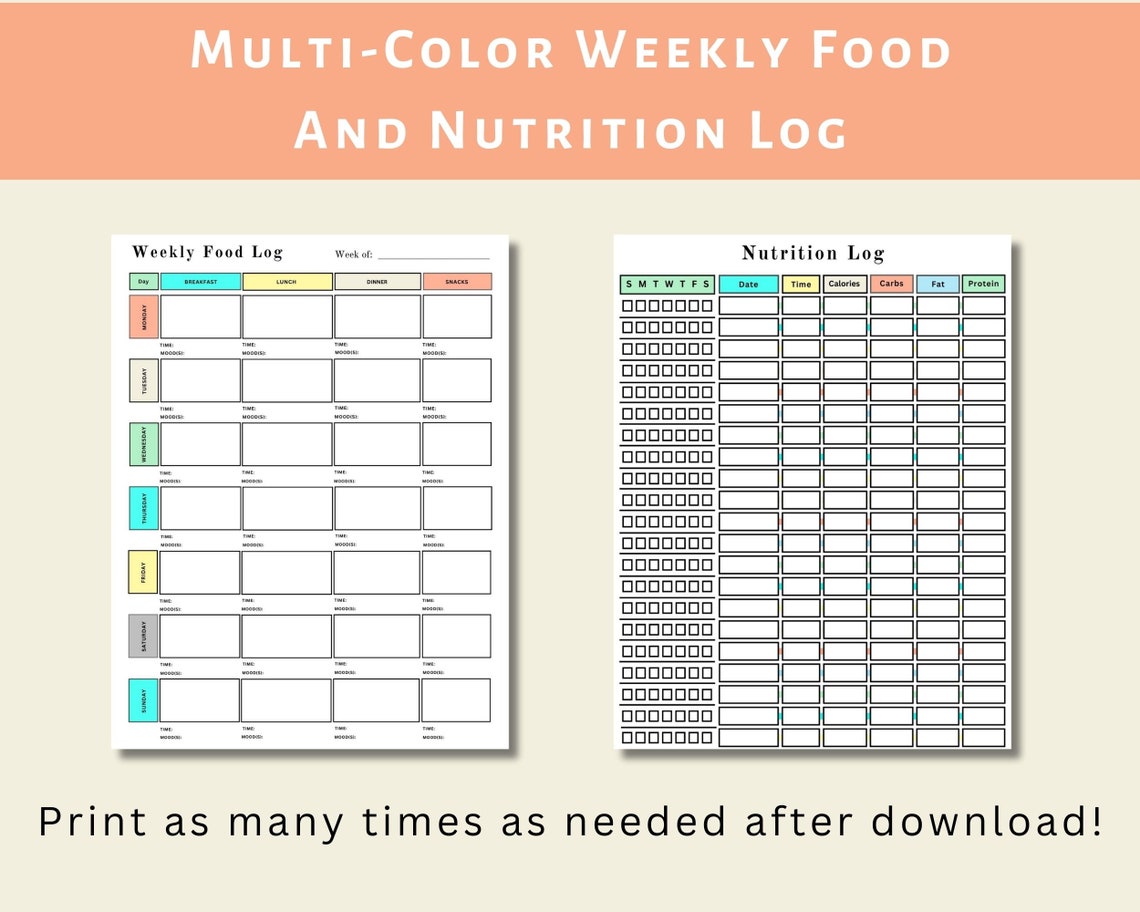 Printable Weekly Food and Nutrition Log, Weekly Food Log, Nutrition Log ...