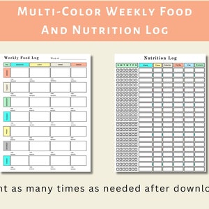 Printable Weekly Food and Nutrition Log, Weekly Food Log, Nutrition Log ...