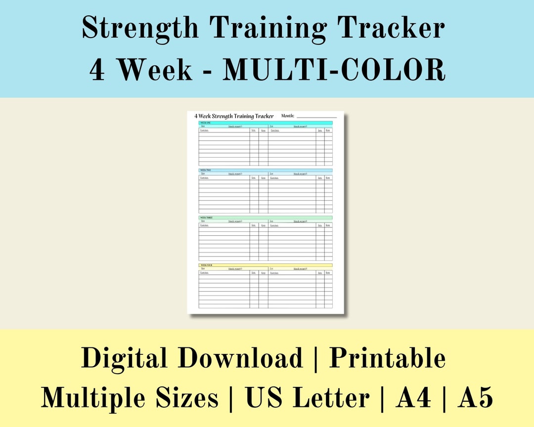 Strength Training 4 Week Tracker Multi Color, Fitness Tracker, Weight ...