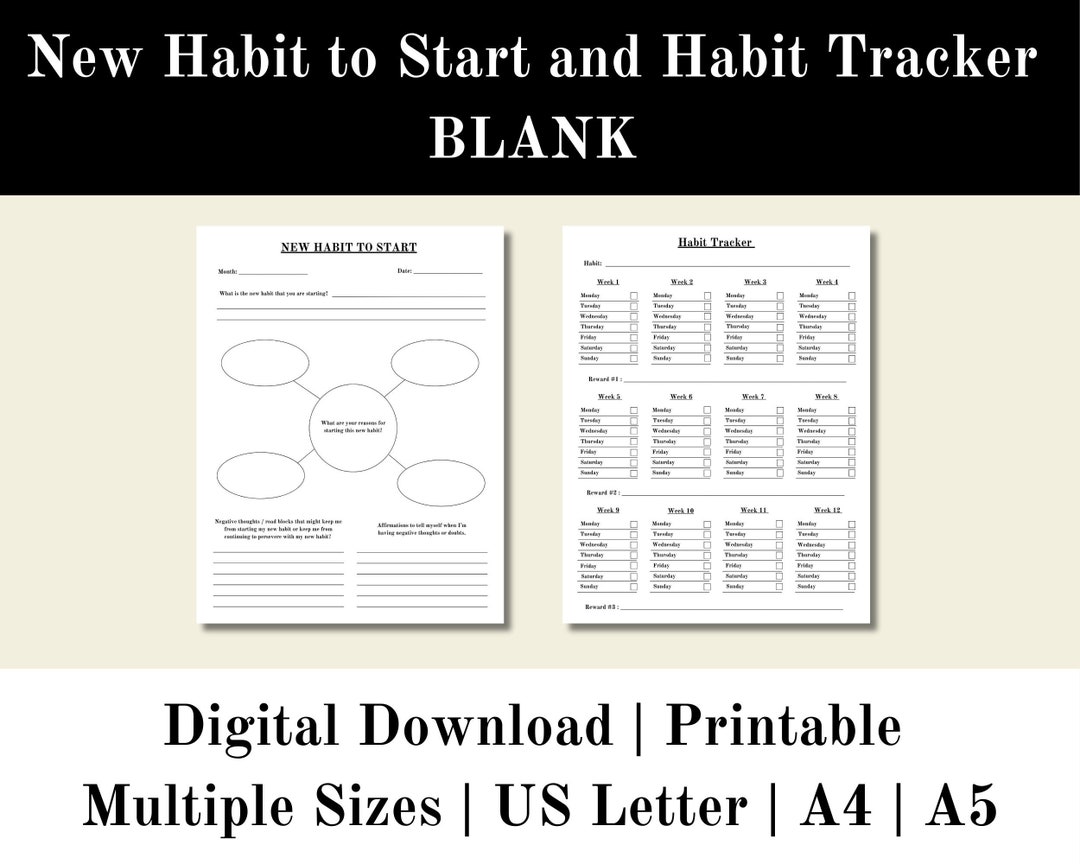 Blank Monthly Habit Tracker Printable, Weekly Tracker Digital, Habit ...