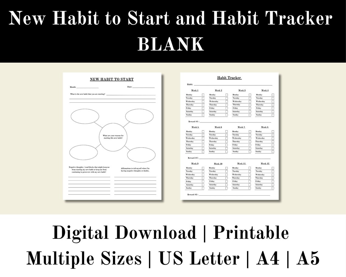 Blank Monthly Habit Tracker Printable, Weekly Tracker Digital, Habit ...