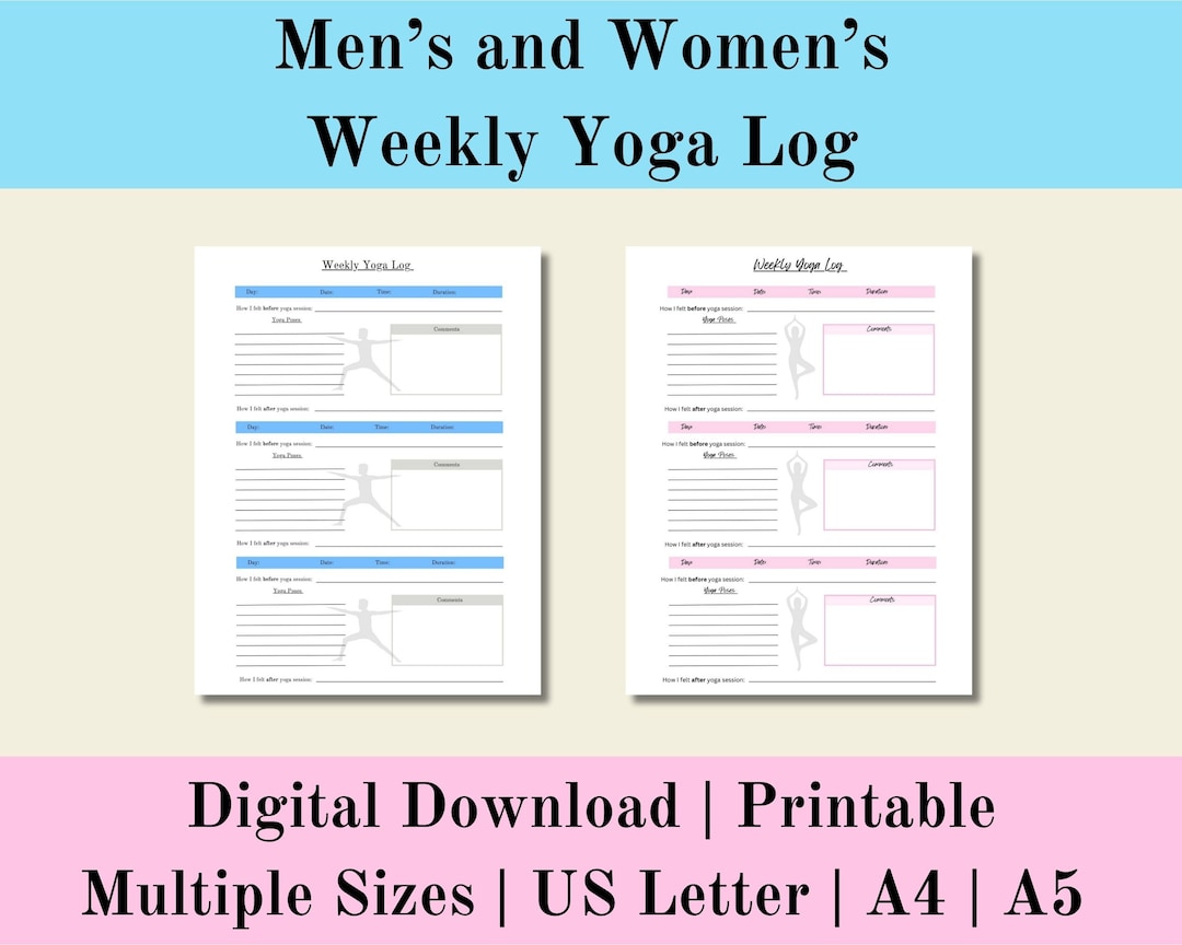 Printable Yoga Log, Yoga Tracker, Yoga Log, Weekly Yoga Log, Mens and ...