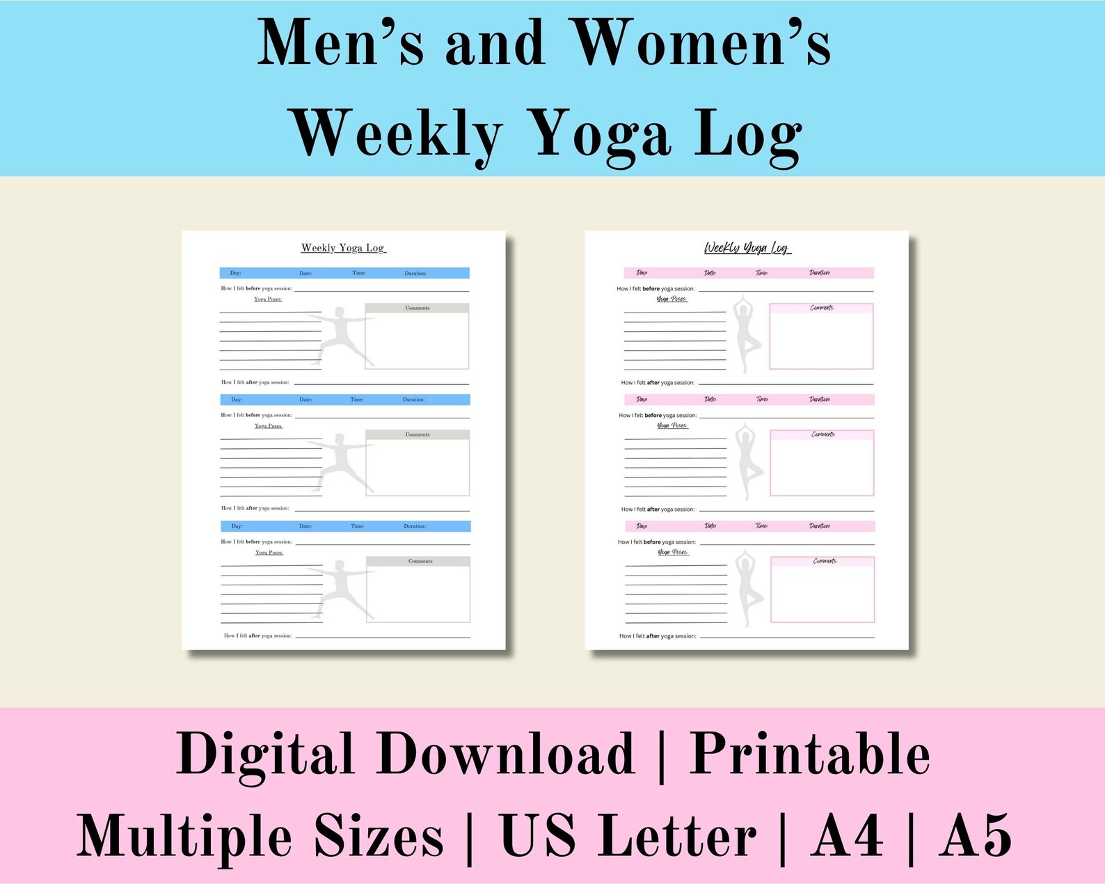 Printable Yoga Log, Yoga Tracker, Yoga Log, Weekly Yoga Log, Mens and ...