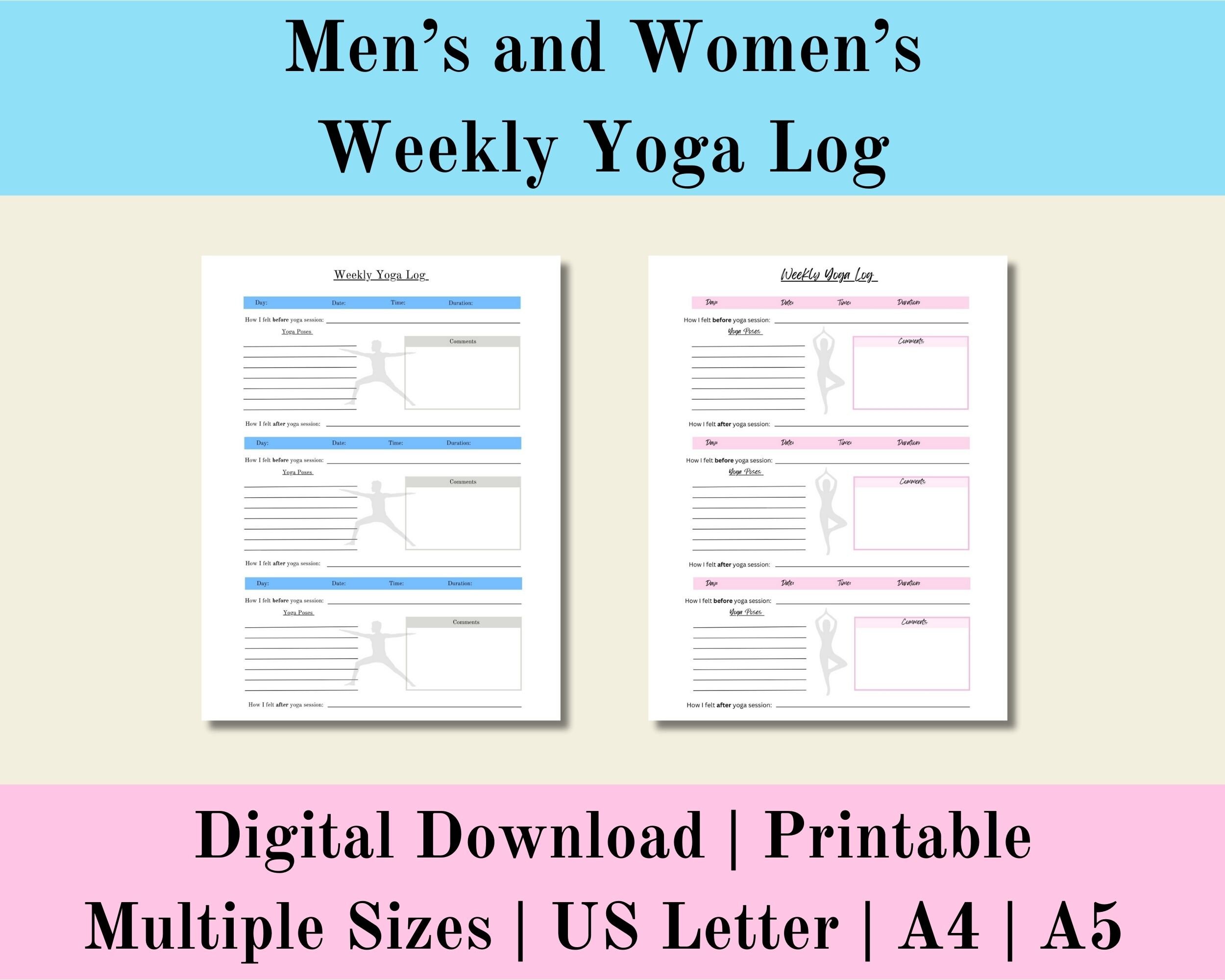 Printable Yoga Log, Yoga Tracker, Yoga Log, Weekly Yoga Log, Mens and ...