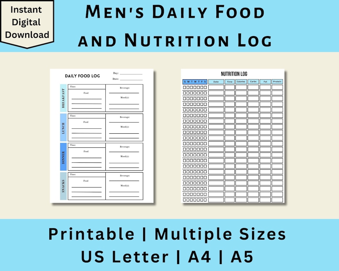 Printable Daily Food and Nutrition Log, Daily Food Log, Nutrition Log ...