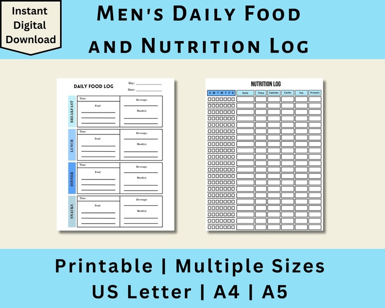 Printable Daily Food and Nutrition Log, Daily Food Log, Nutrition Log ...