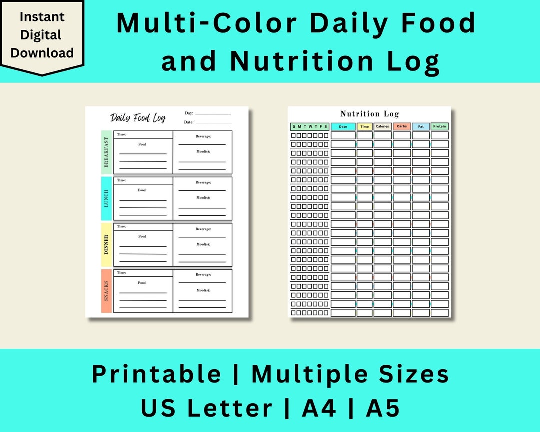 Printable Daily Food and Nutrition Log, Daily Food Log, Nutrition Log ...