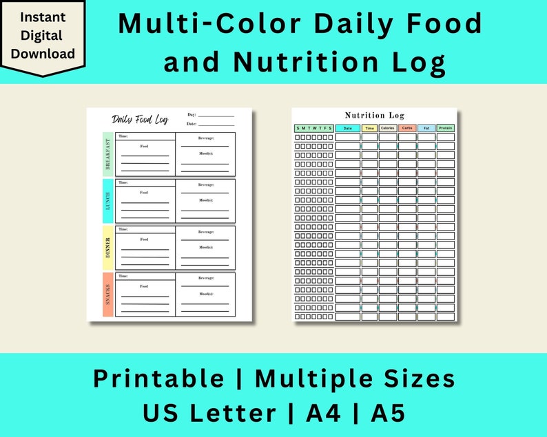 Printable Daily Food and Nutrition Log, Daily Food Log, Nutrition Log ...