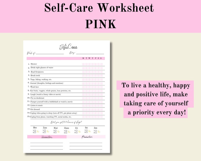 Pink Self Care Weekly Worksheet Printable, Daily Self Care Journal ...