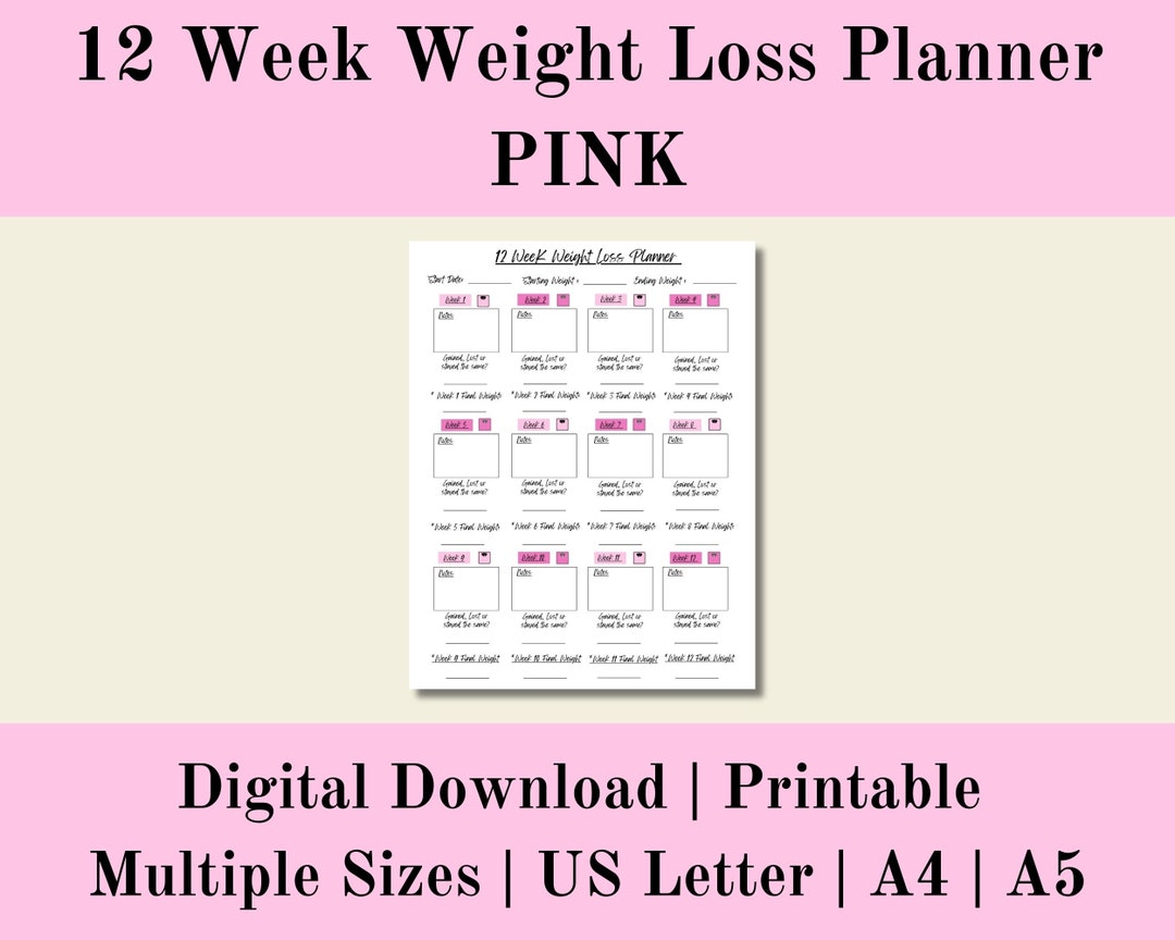 12 Week Weight Loss Pink Planner, Pounds Lost Tracker, Weekly Weight ...