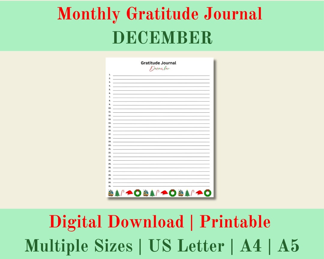 Monthly Gratitude Journal Printable, Daily Gratitude, December ...