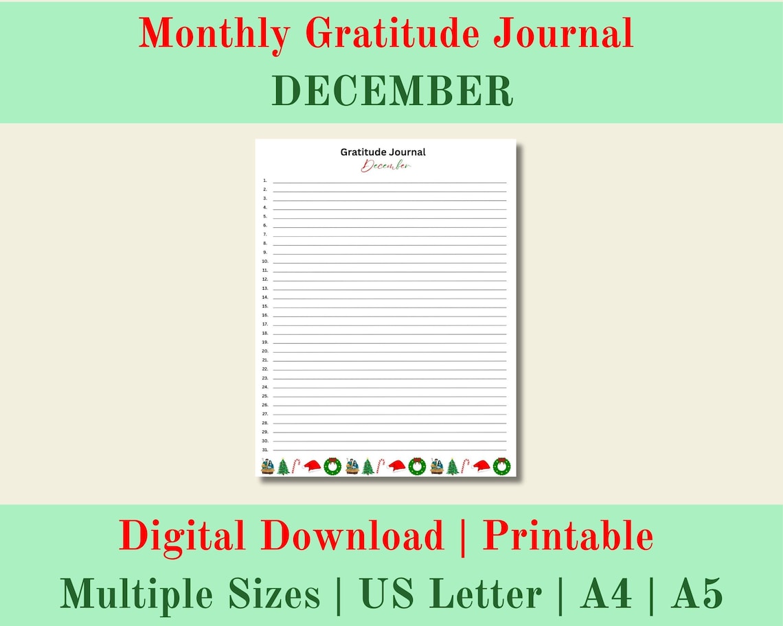 Monthly Gratitude Journal Printable, Daily Gratitude, December ...