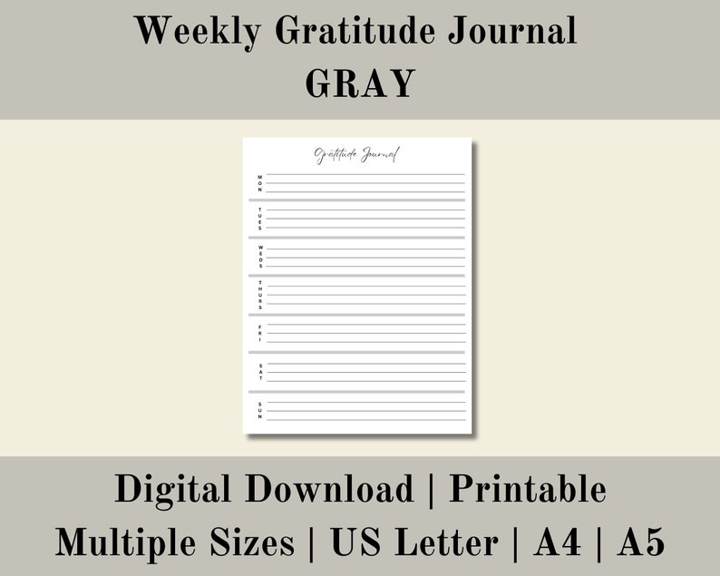 Gray Weekly Gratitude Journal Printable, Gray Daily Gratitude Journal ...