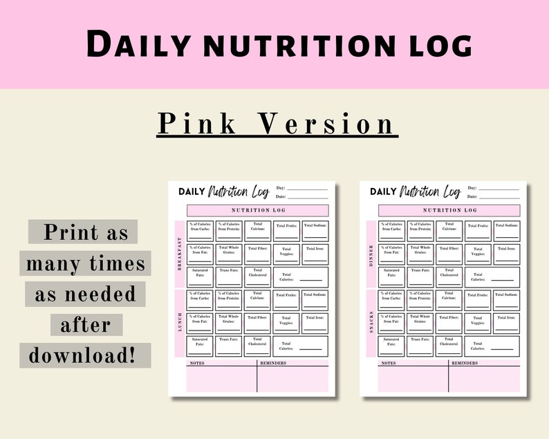 Nutrition Log, Daily Nutrition Log, Meal Tracker, Food Tracker ...