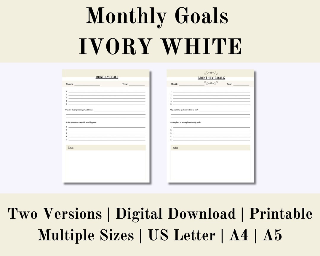 Monthly Goals Ivory White, Goals Digital Printable, Goal Setting ...