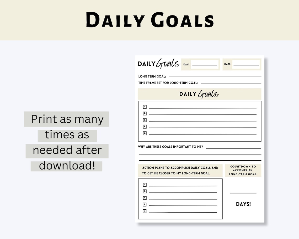 Daily Goal Sheet, Daily Goals Printable, Goal Planning, Goal Setting ...