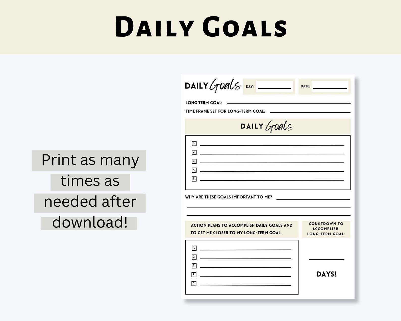 Daily Goal Sheet, Daily Goals Printable, Goal Planning, Goal Setting ...