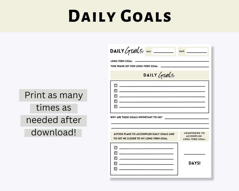 Daily Goal Sheet, Daily Goals Printable, Goal Planning, Goal Setting ...
