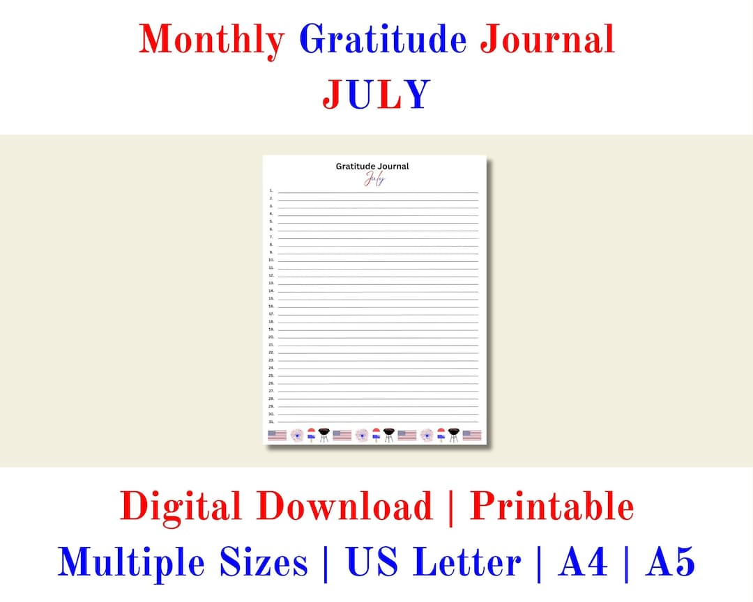 Monthly Gratitude Journal Printable, Daily Gratitude, July Gratitude ...