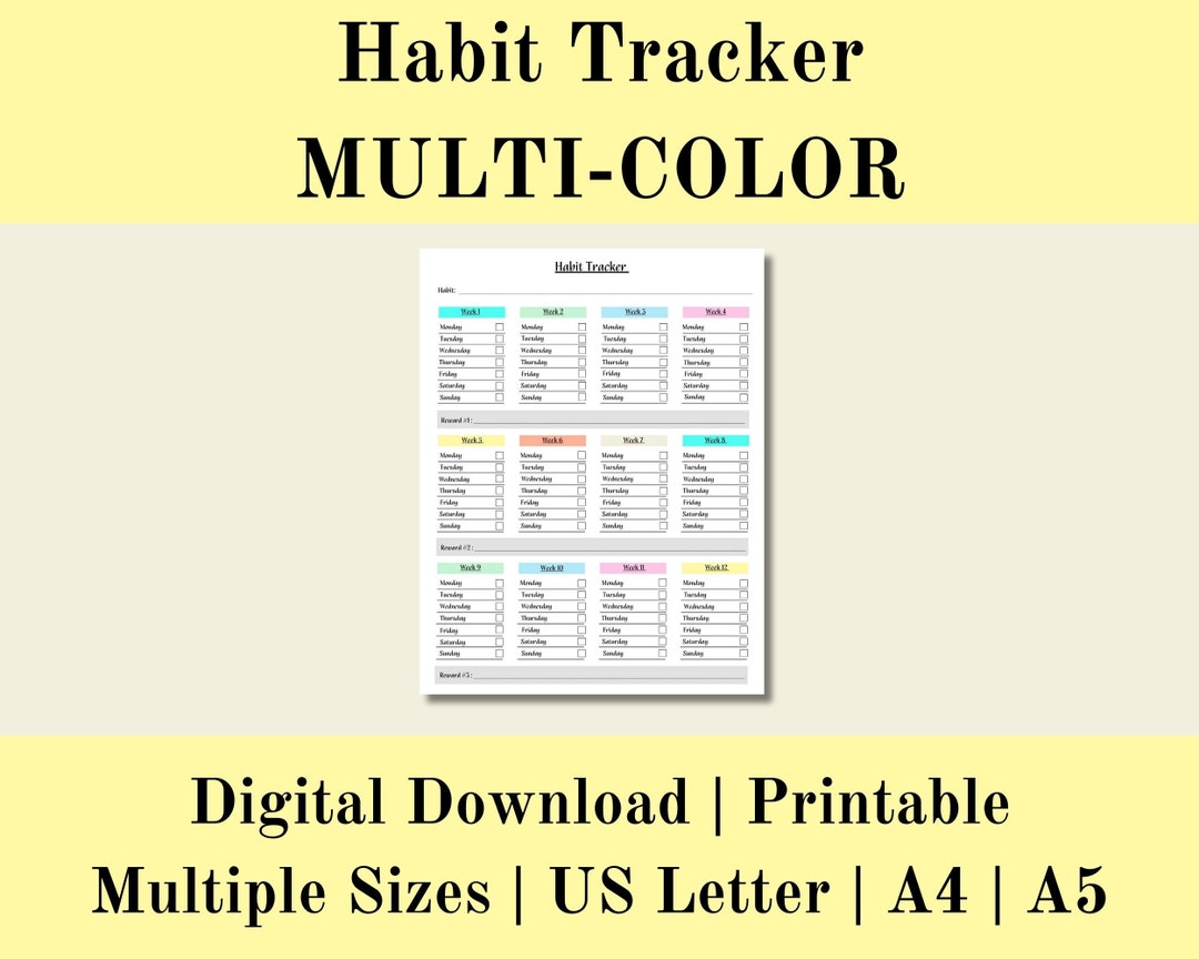Monthly Habit Tracker Multi Color Printable, Weekly Tracker Digital ...