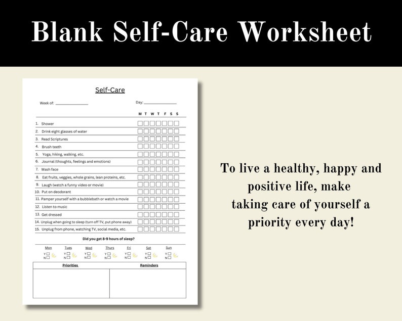 Blank Self Care Weekly Worksheet Printable, Daily Self Care Journal ...