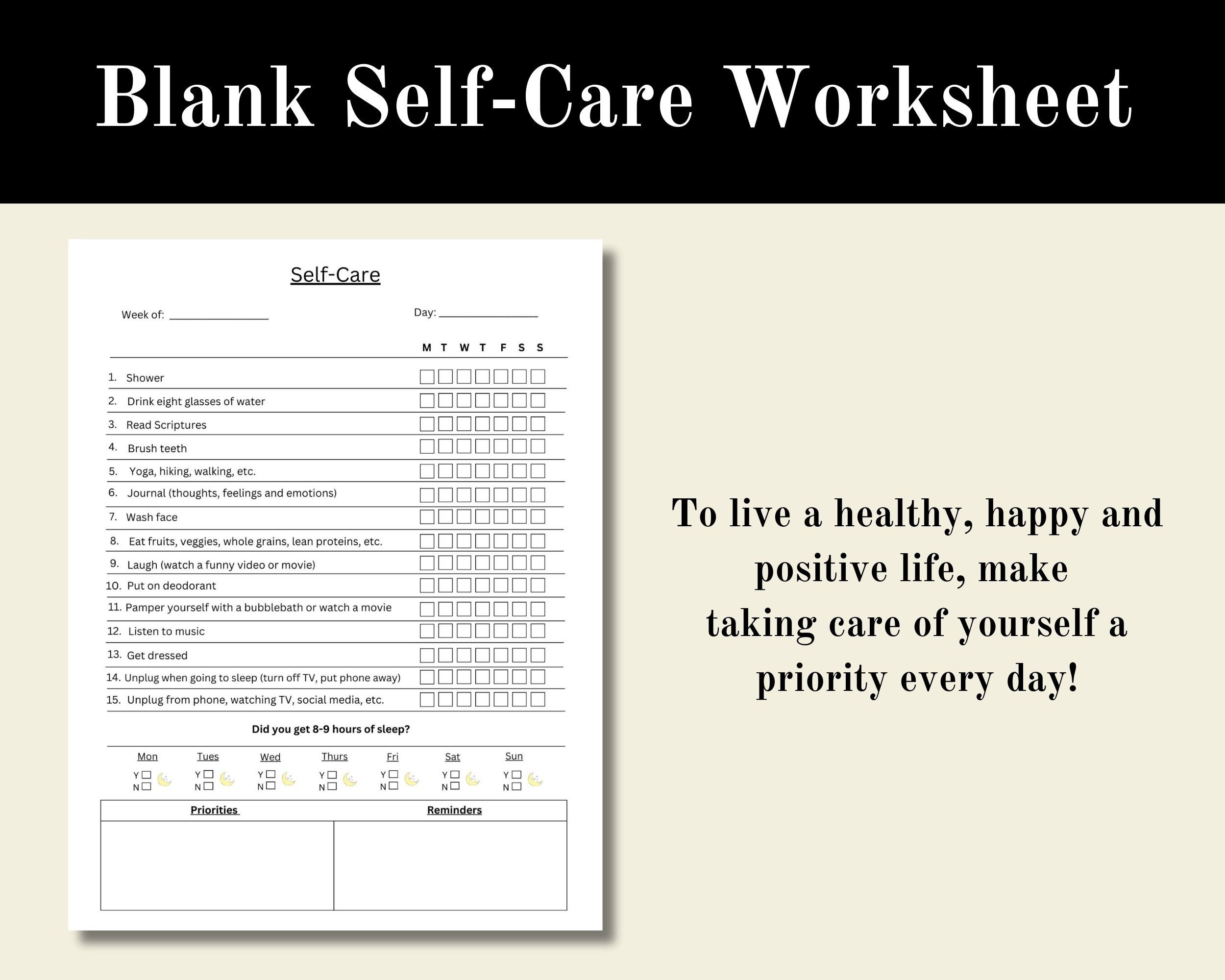 Blank Self Care Weekly Worksheet Printable, Daily Self Care Journal ...