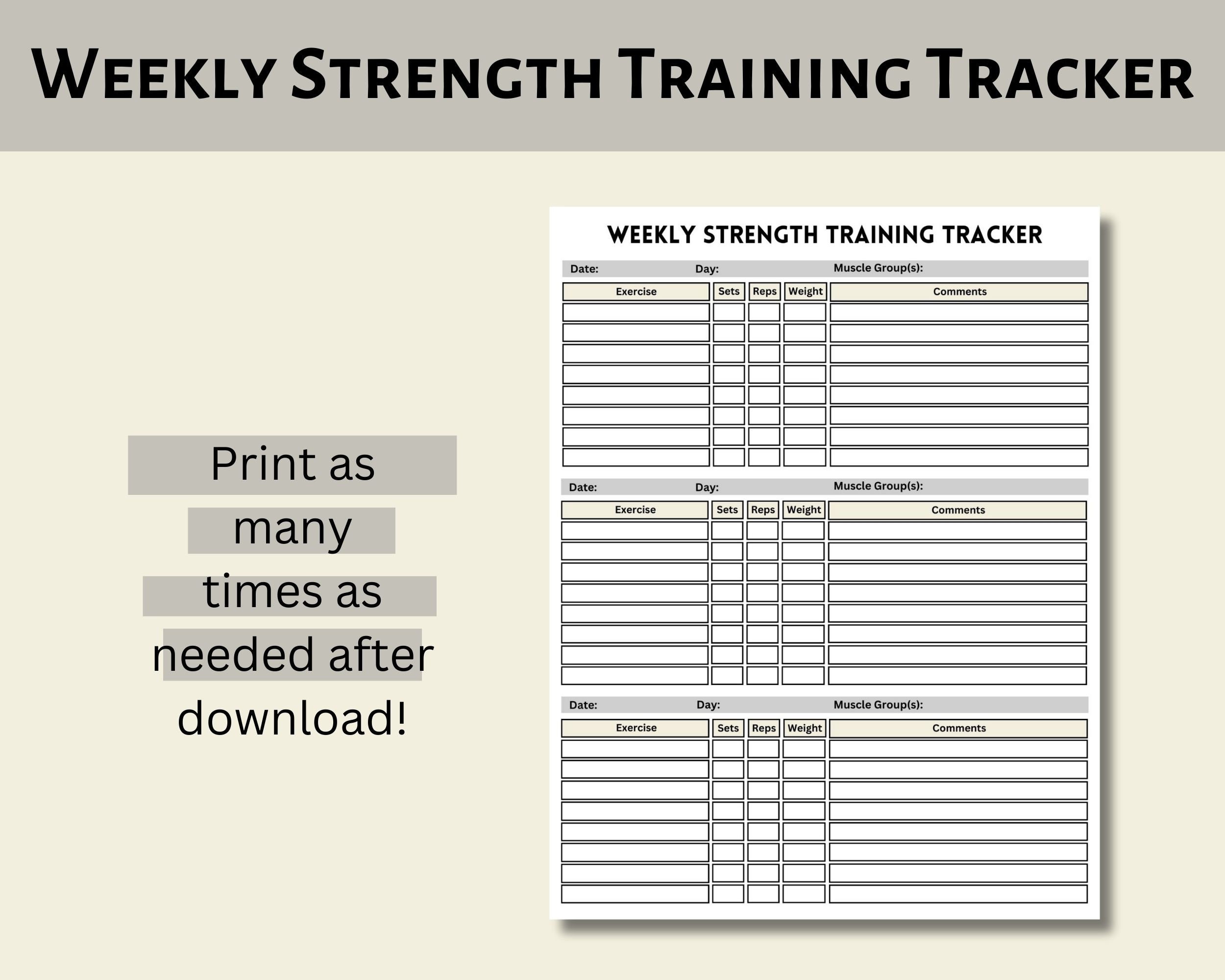 Weekly Strength Training Tracker, Weight Lifting Tracker, Weight ...