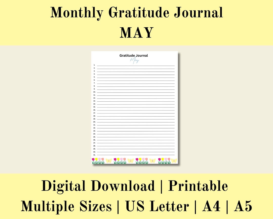 Monthly Gratitude Journal Printable, Daily Gratitude, May Gratitude ...