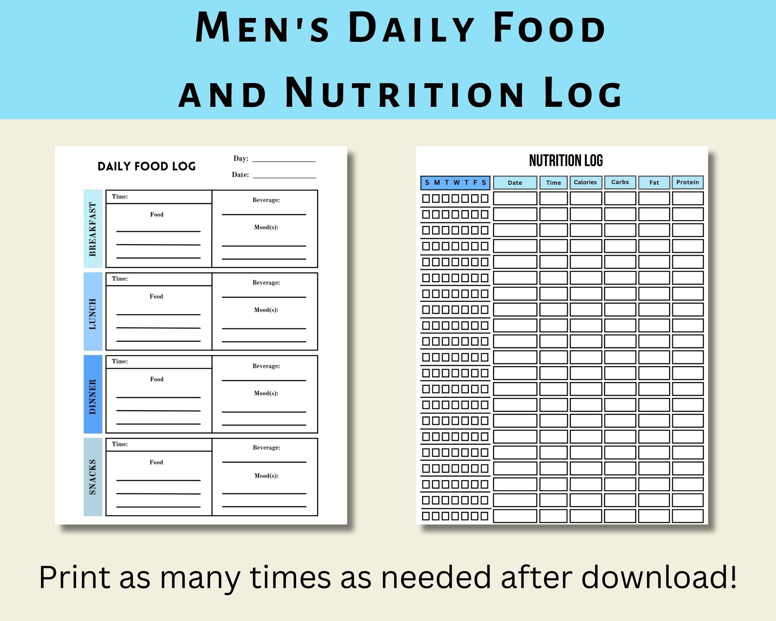Printable Daily Food and Nutrition Log, Daily Food Log, Nutrition Log ...