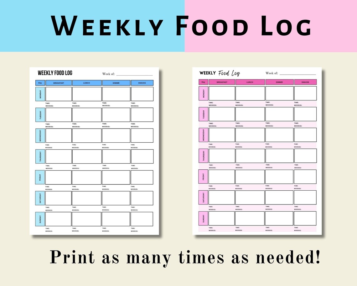 Weekly Food Log, Printable Weekly Food Log, Food Tracker, Meal Tracker ...