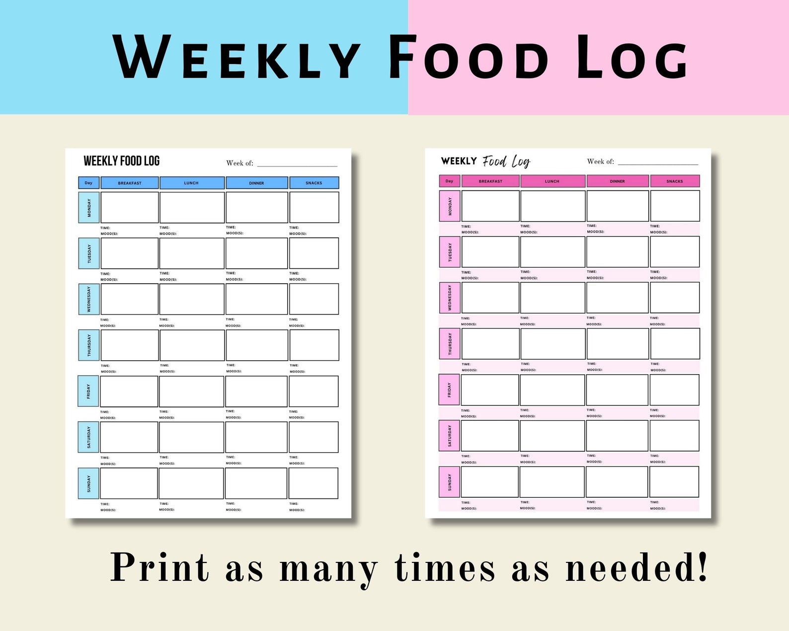 Weekly Food Log, Printable Weekly Food Log, Food Tracker, Meal Tracker ...