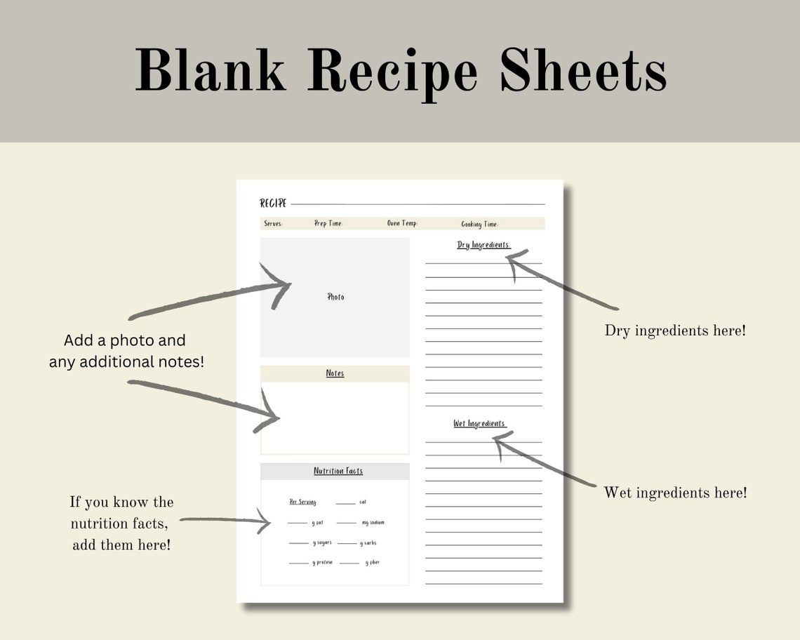 Blank Recipe Sheet, Printable Blank Recipe Sheet, Recipe Planner ...