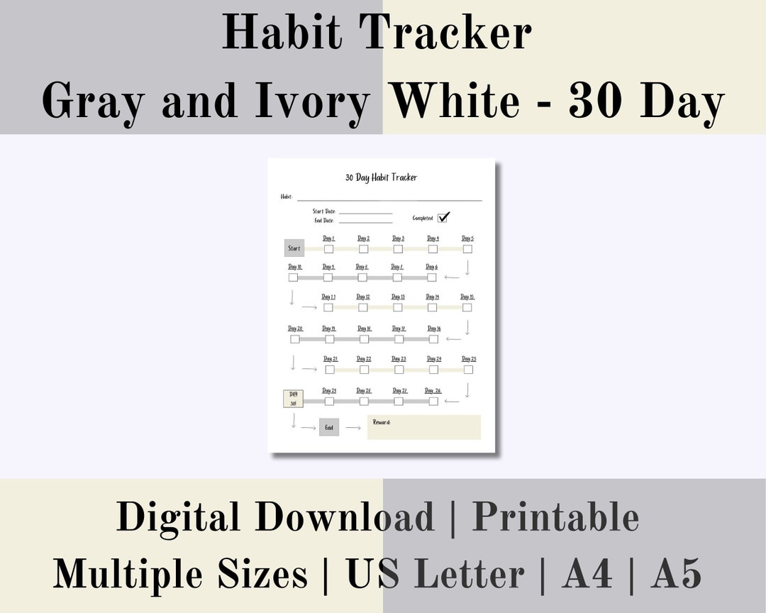 30 Day Habit Tracker Gray Ivory White Printable, Weekly Tracker Digital ...