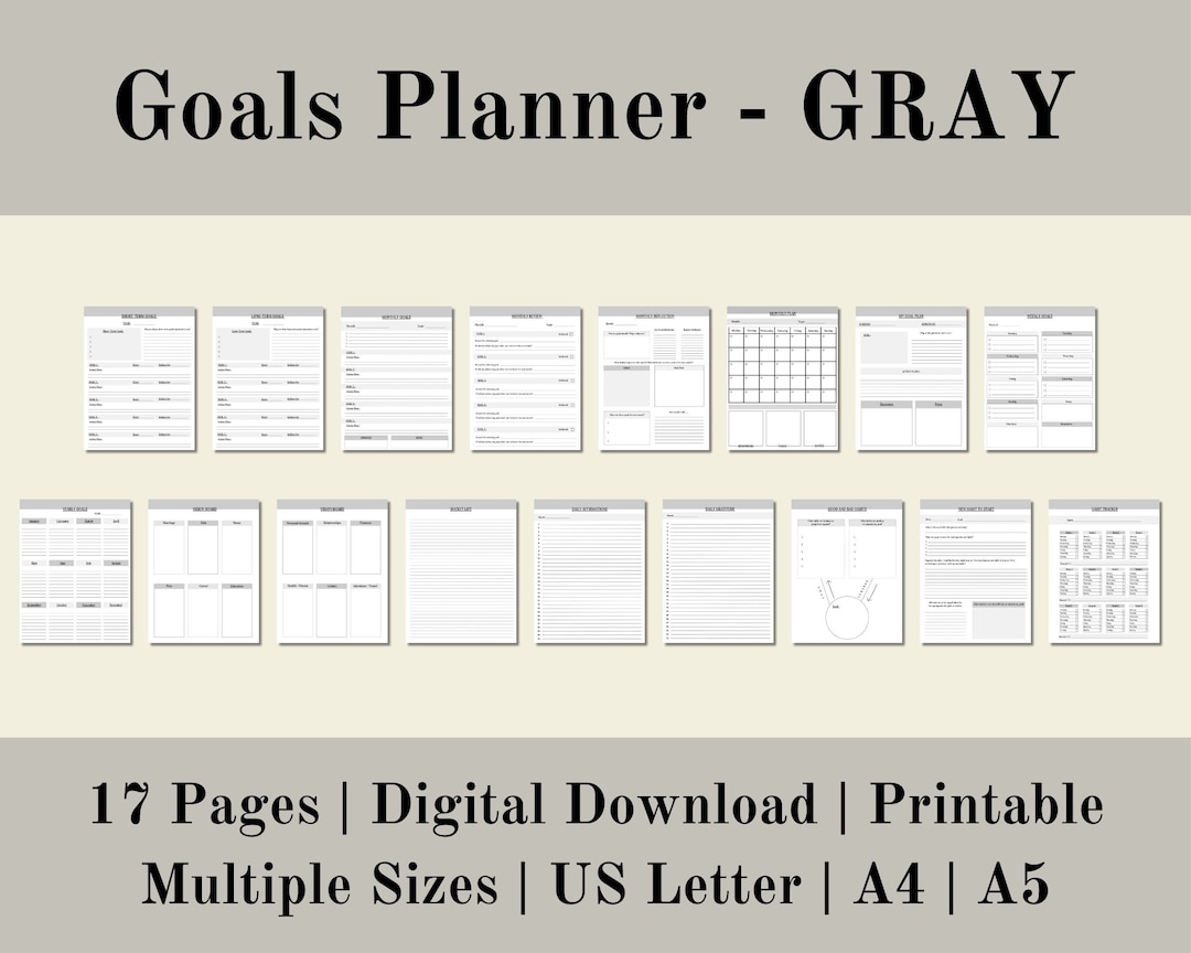 Goals Planner, Vision Board, Habit Tracker, Printable Digital Goal Gray ...