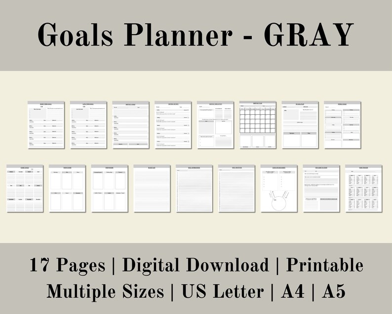 Goals Planner, Vision Board, Habit Tracker, Printable Digital Goal Gray ...