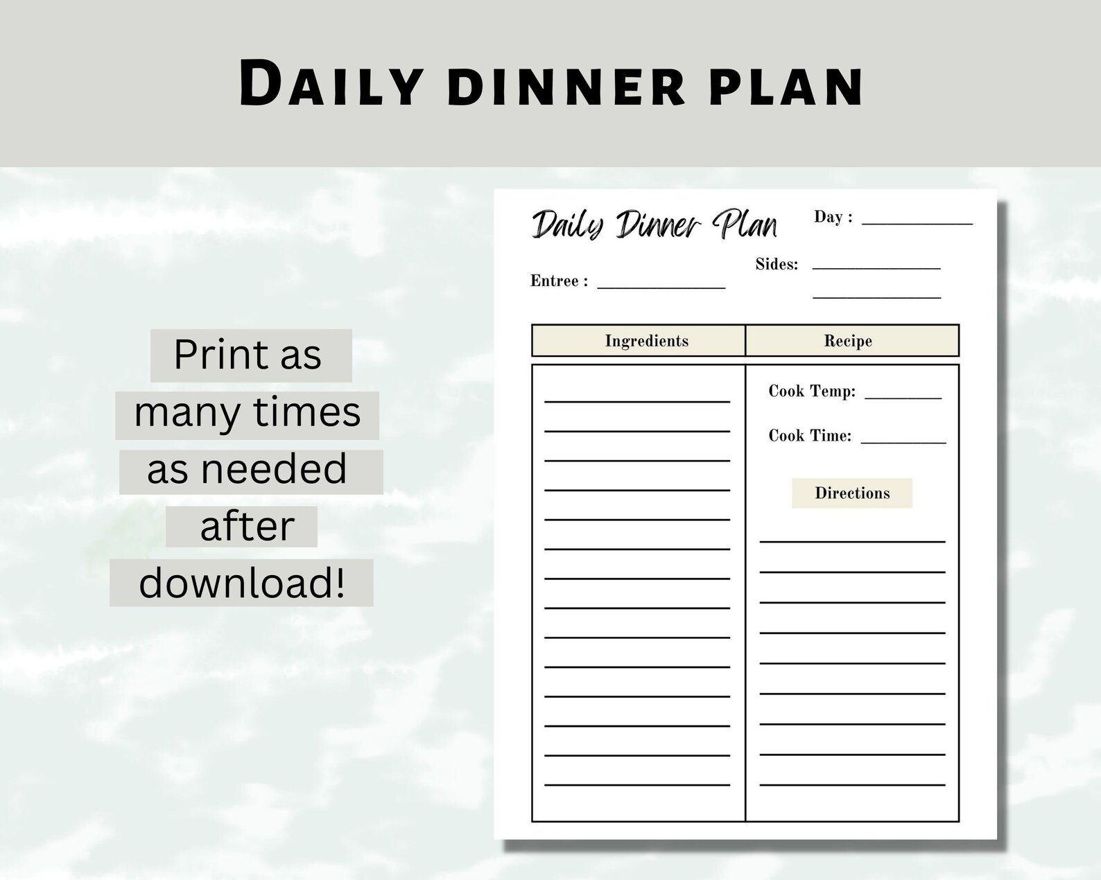 Meal Planner Printable, Daily Dinner Plan Printable, Printable Menu ...
