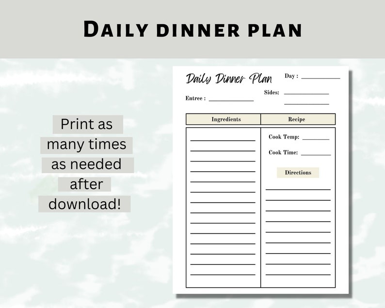 Meal Planner Printable, Daily Dinner Plan Printable, Printable Menu ...