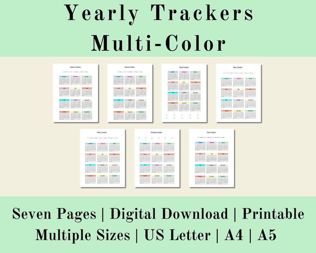 Yearly Trackers Multi Color Printable, Monthly Trackers Digital Log ...