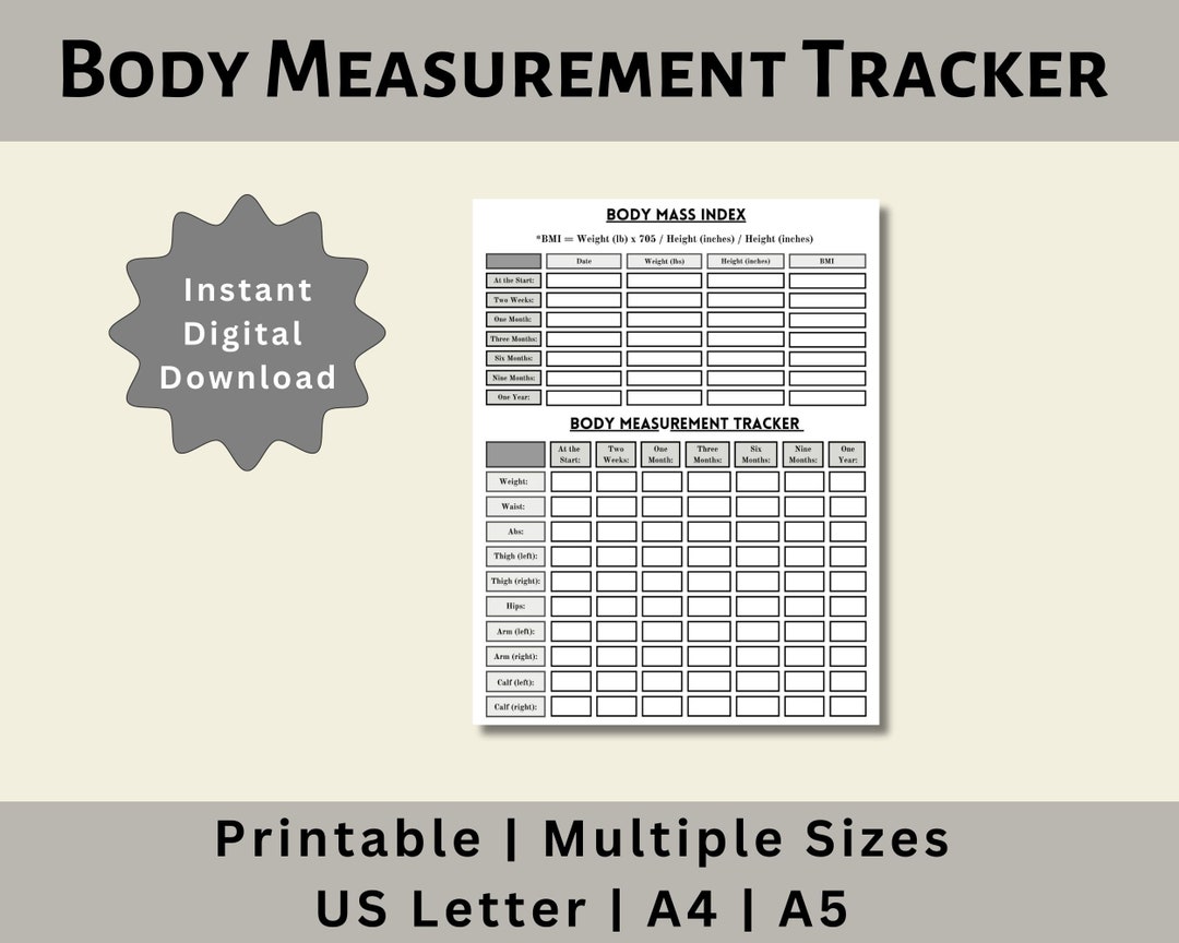 Body Measurement Tracker Printable, BMI Tracker, Body Measurements, Body Mass Index Tracker ...