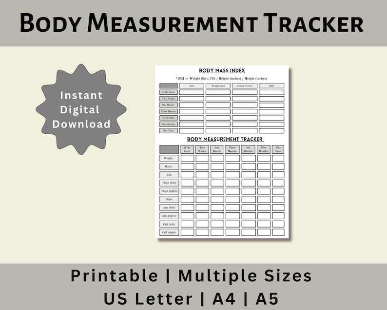 Body Measurement Tracker Printable, BMI Tracker, Body Measurements ...
