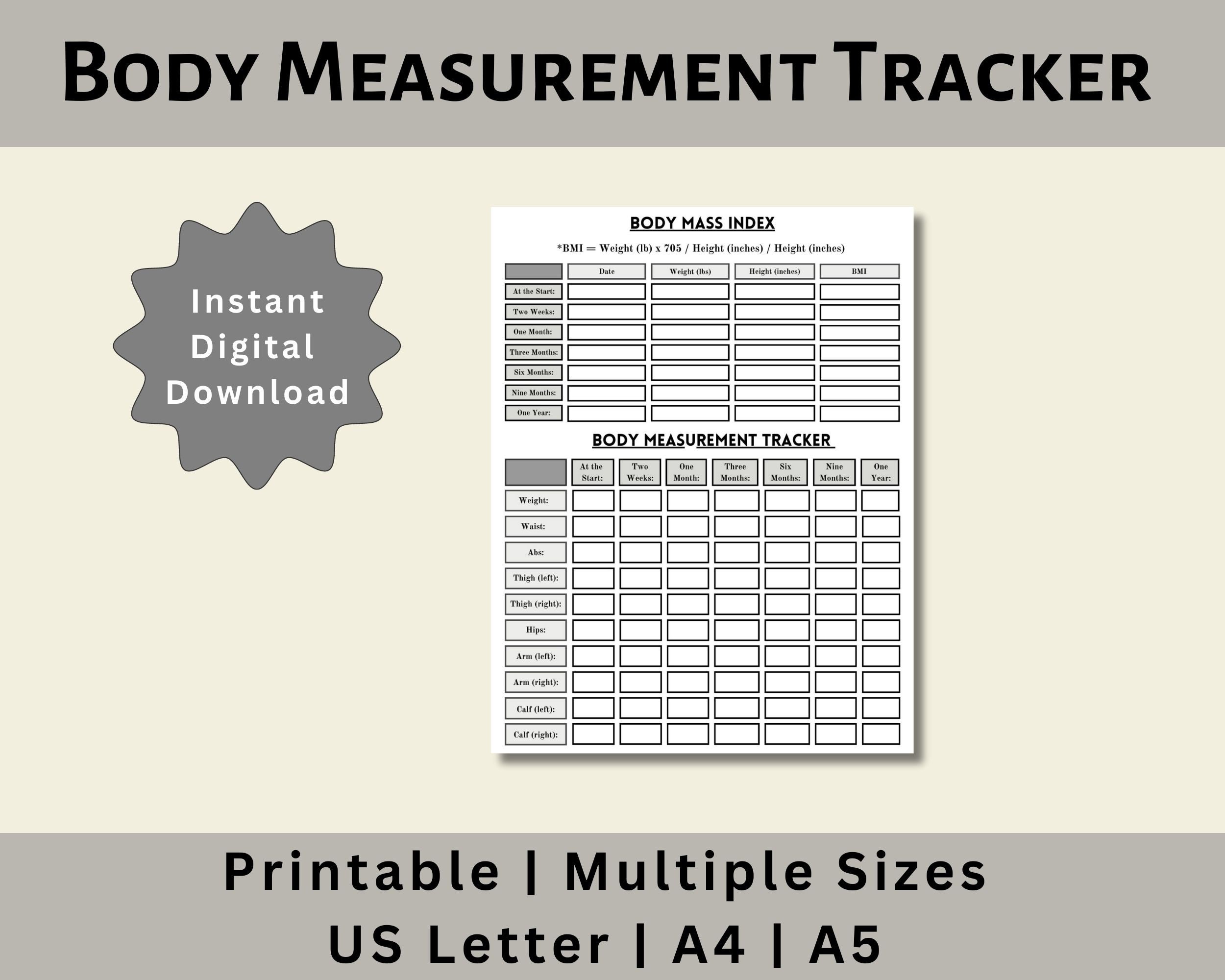 Body Measurement Tracker Printable, BMI Tracker, Body Measurements ...