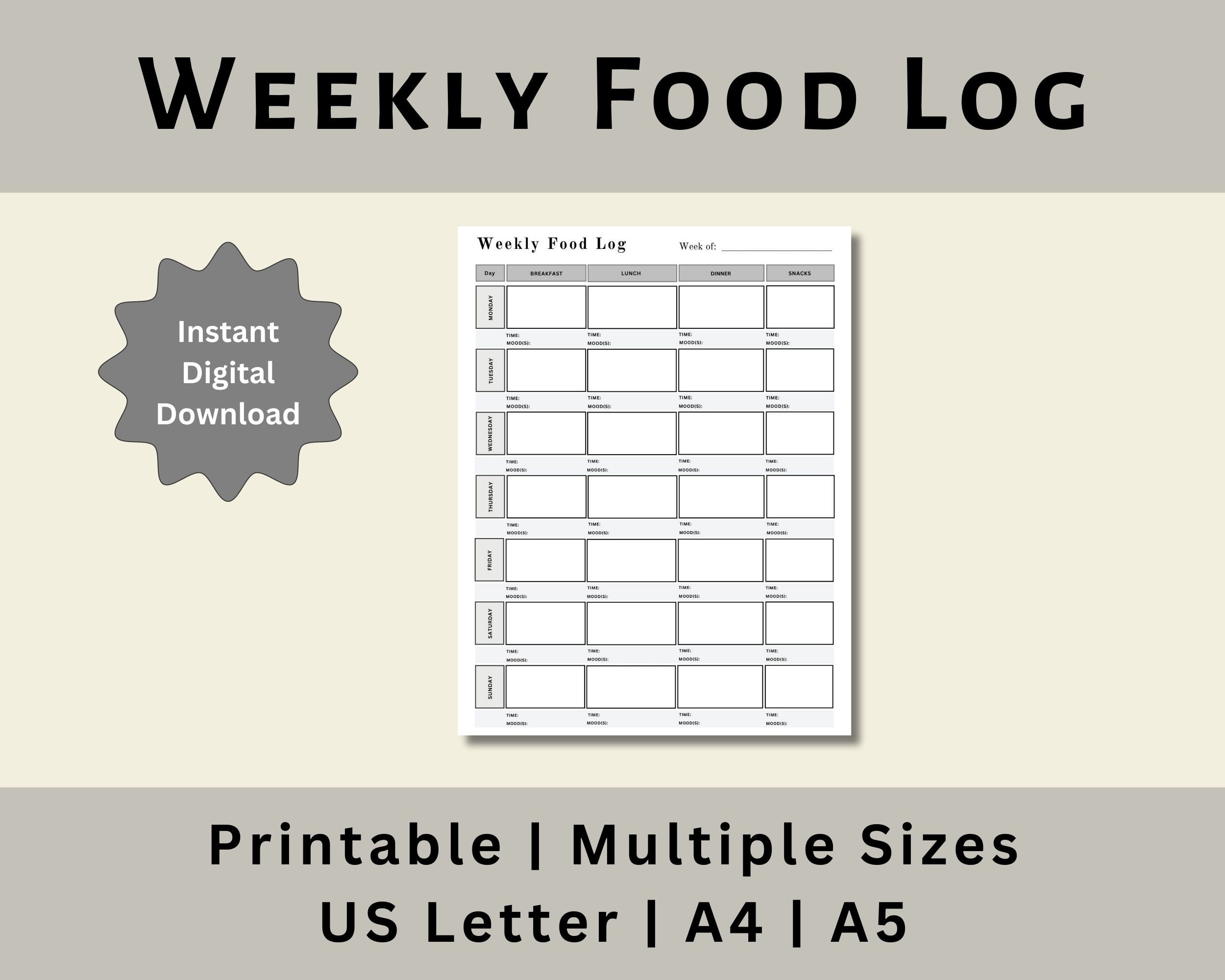Food Log Printable, Weekly Food Log, Food Tracker, Weekly Food Journal ...