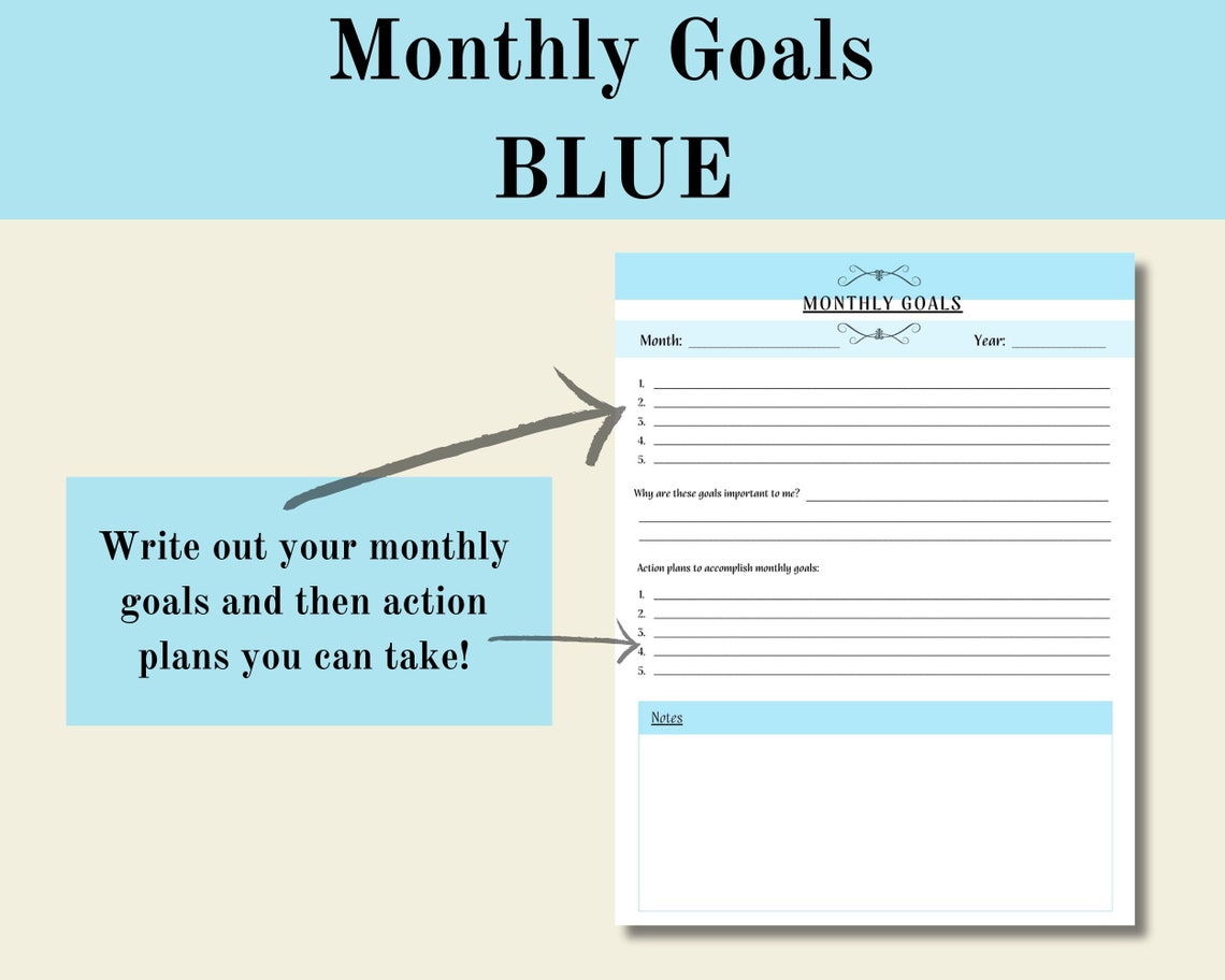 Monthly Goals Blue, Goals Digital Printable, Goal Setting Worksheet ...
