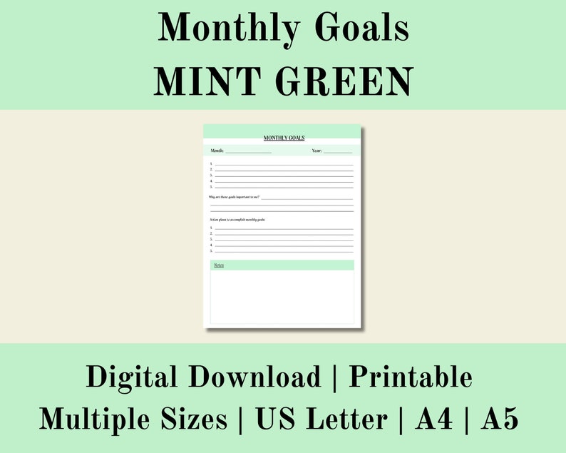 Monthly Goals Mint Green, Goals Digital Printable, Goal Setting ...
