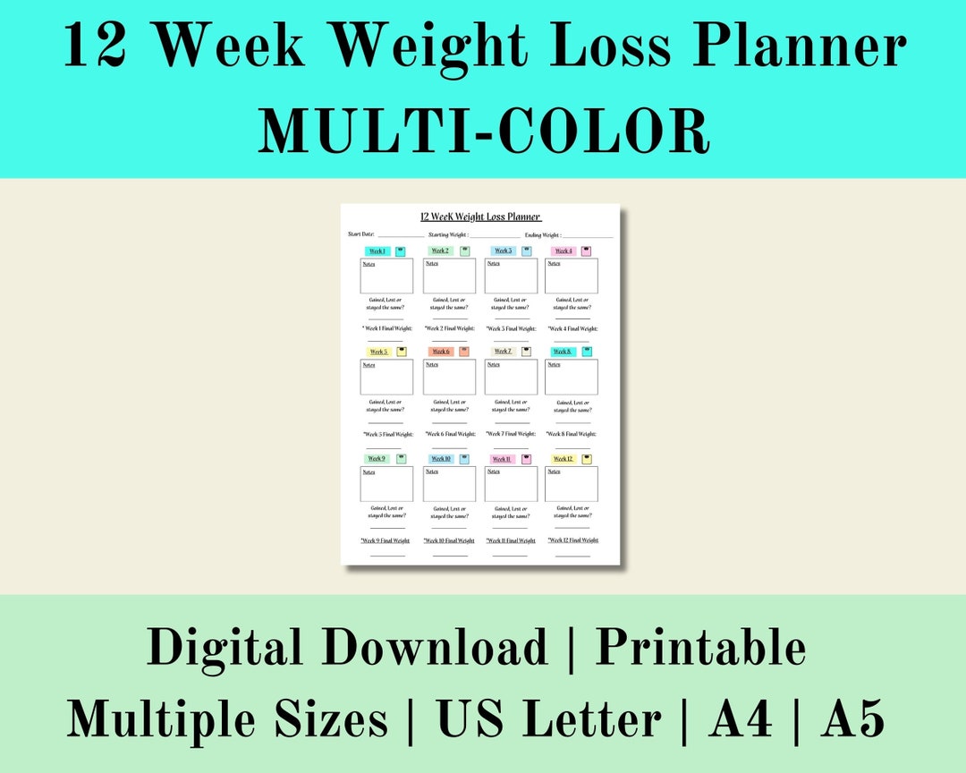 12 Week Weight Loss Multi Color Planner, Pounds Lost Tracker, Weekly ...