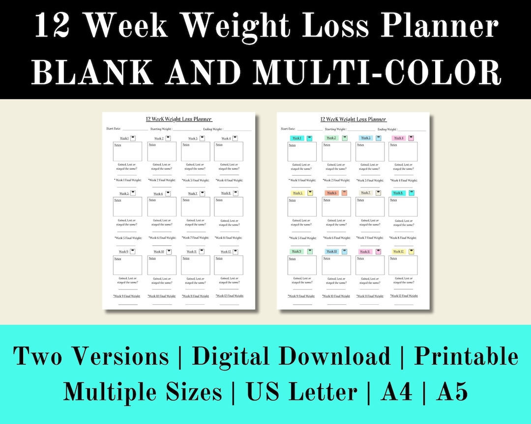 12 Week Weight Loss Multi Color Planner, Pounds Lost Tracker, Weekly ...