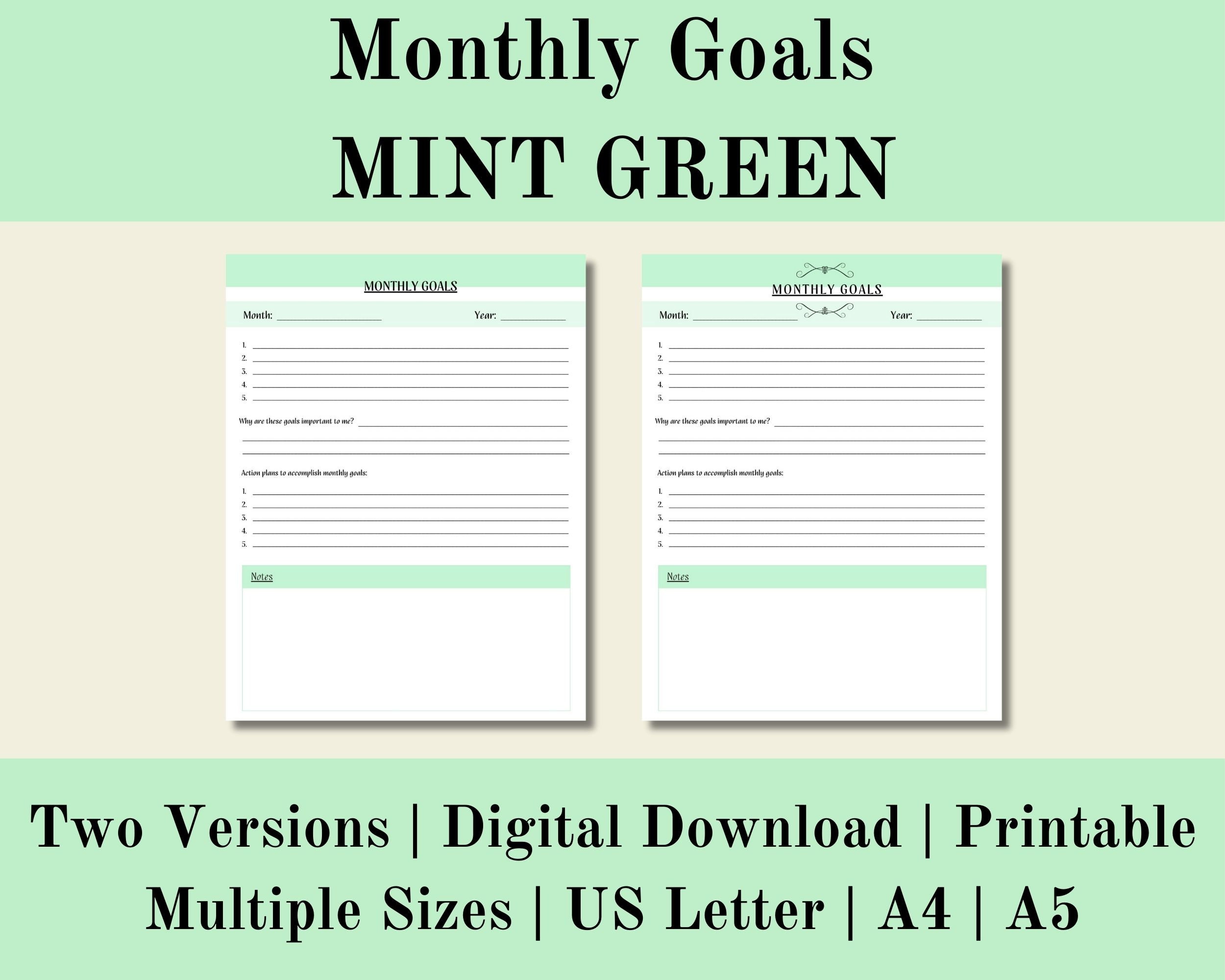 Monthly Goals Mint Green, Goals Digital Printable, Goal Setting ...