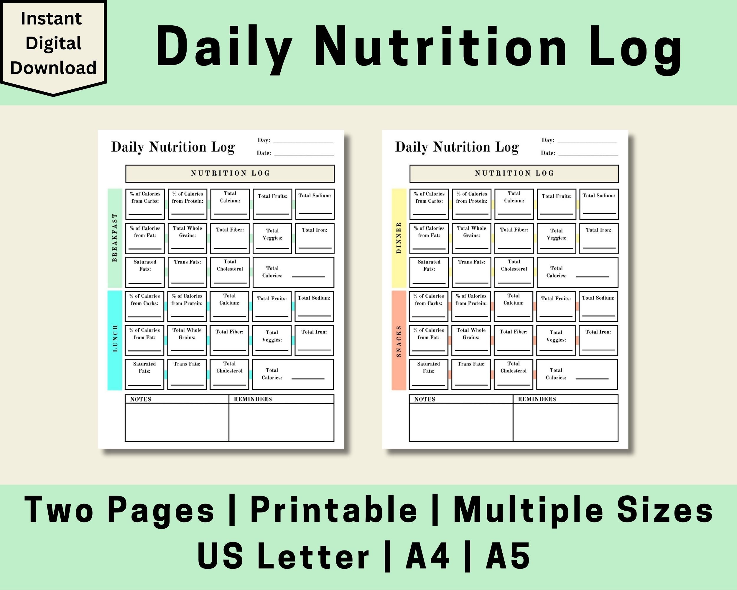 Daily Nutrition Log, Printable Nutrition Log, Food Tracker, Meal ...