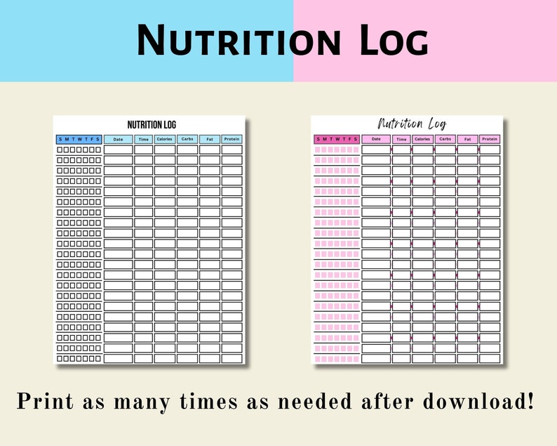 Printable Weekly Food and Nutrition Log, Weekly Food Log, Nutrition Log ...