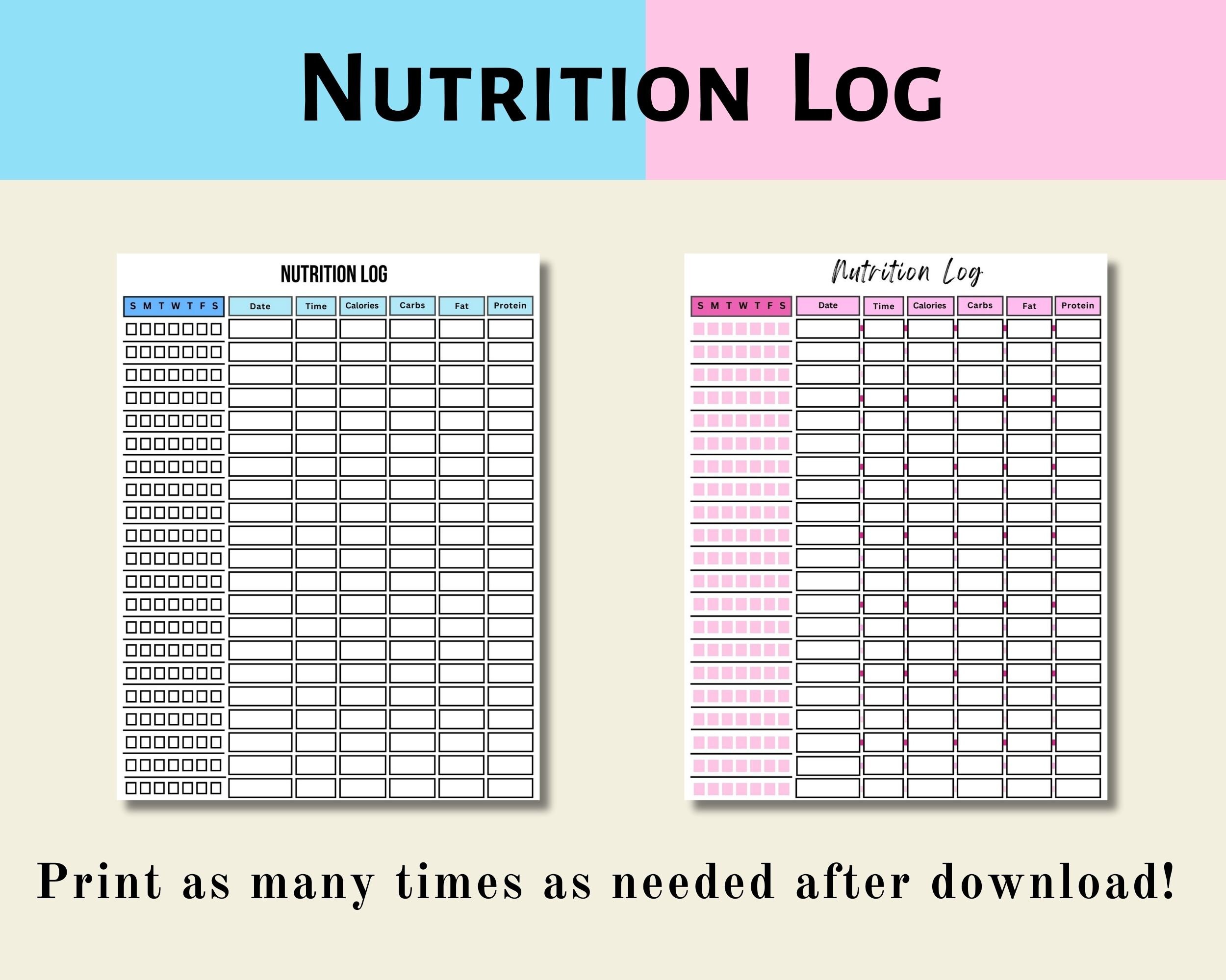 Printable Weekly Food and Nutrition Log, Weekly Food Log, Nutrition Log ...